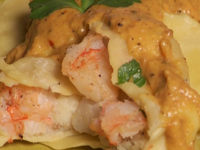 Prawn and salt cod ravioli with yellow pepper romesco sauce Recipe ...